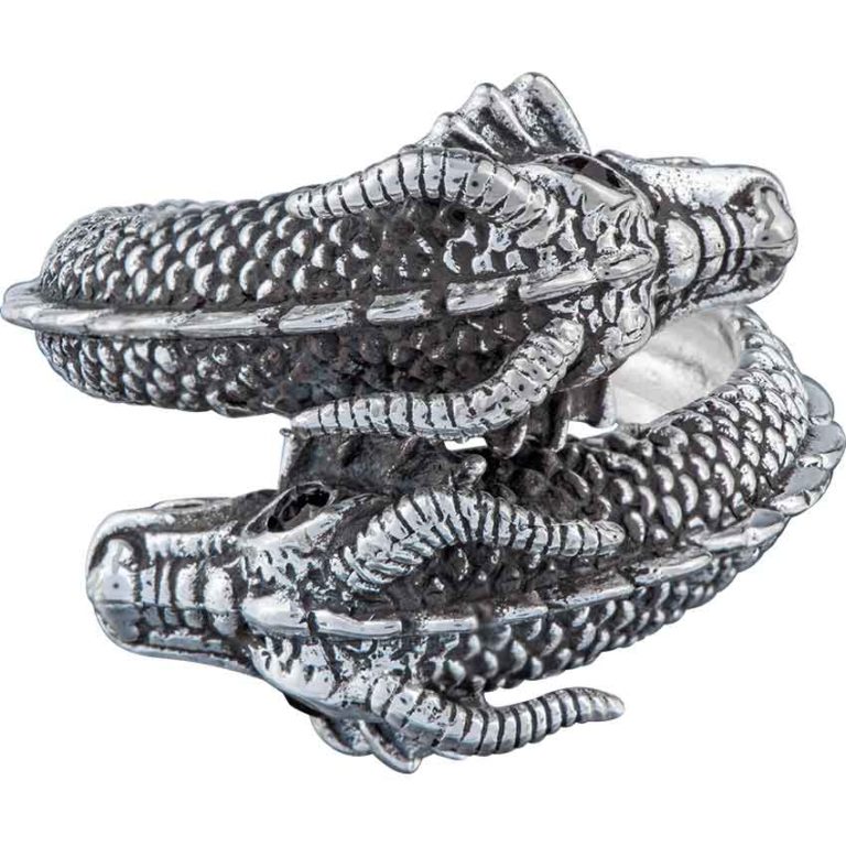 White Bronze Dual Dragon Wrap Ring