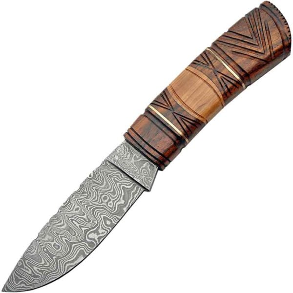 Carved Wood Handle Layered-Steel Skinner Knife