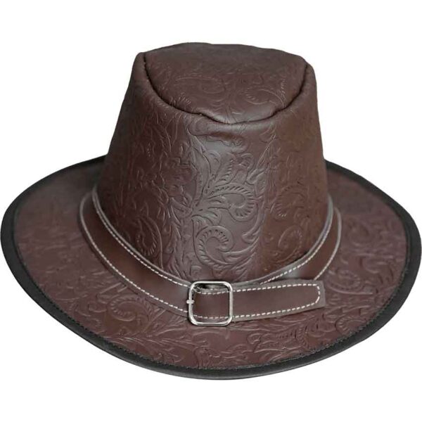 Handcrafted Embossed Leather Hat - Brown