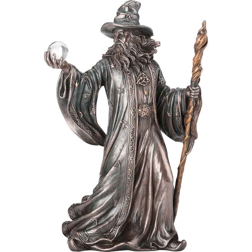 Bronze Wizard with Crystal Ball and Staff Statue