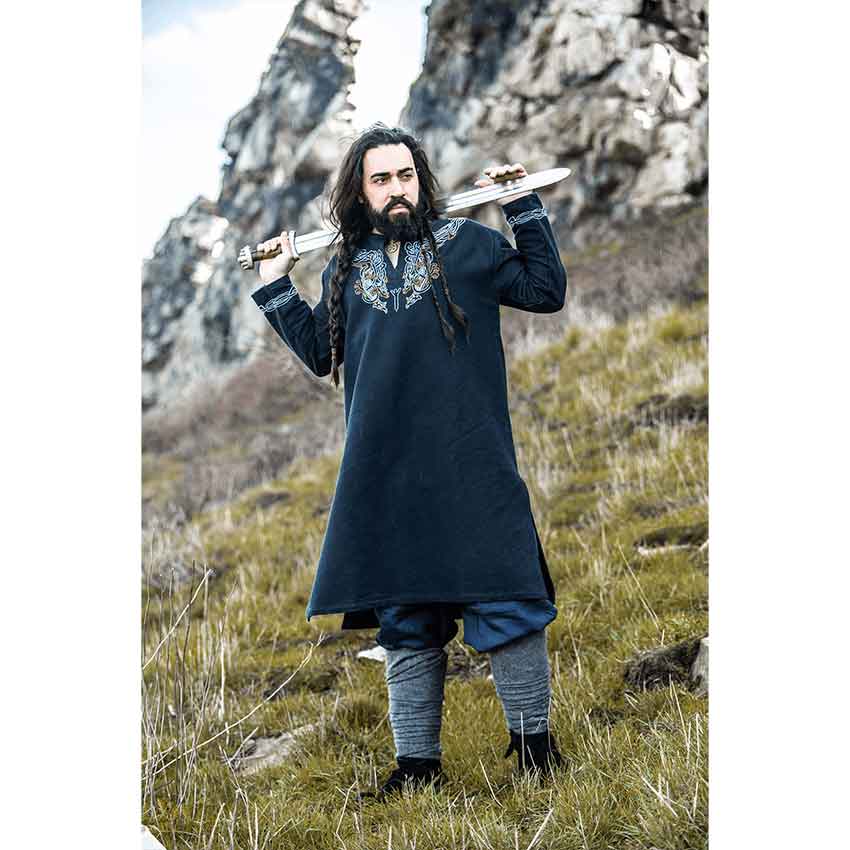 Snorri Urnes Embroidered Viking Tunic - Black with Blue